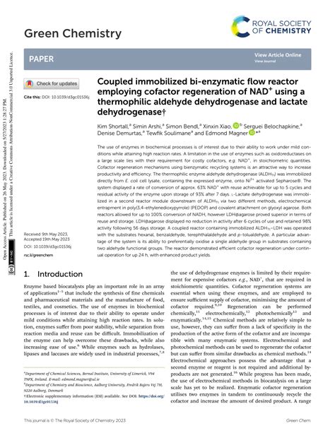 Pdf Coupled Immobilized Bi Enzymatic Flow Reactor Employing Cofactor Regeneration Of Nad