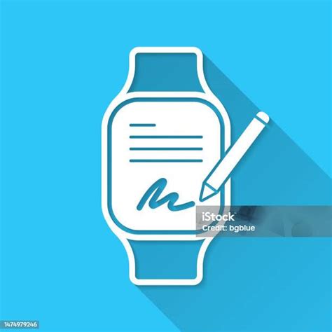 스마트 워치의 전자 서명 파란색 배경에 아이콘 긴 그림자가 있는 평면 디자인 3차원 형태에 대한 스톡 벡터 아트 및 기타 이미지