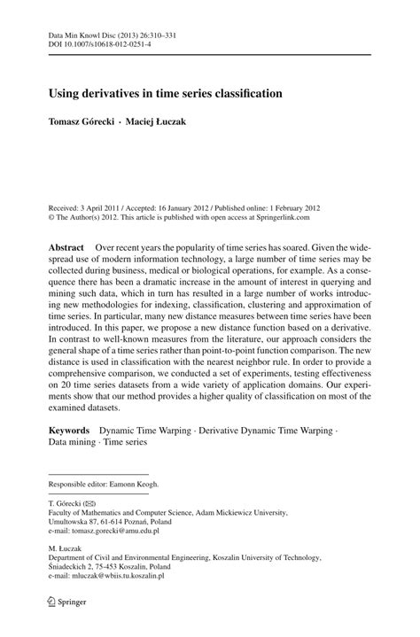 Pdf Using Derivatives In Time Series Classification