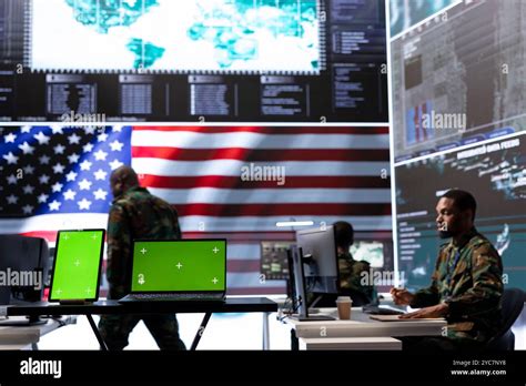 Us Army Working In A Top Secret Control Center With Isolated Mockup Screen Ensuring National