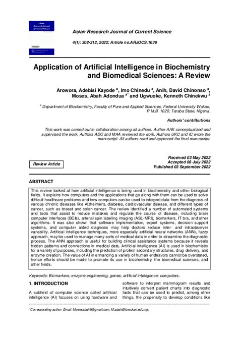 Pdf Application Of Artificial Intelligence In Biochemistry And