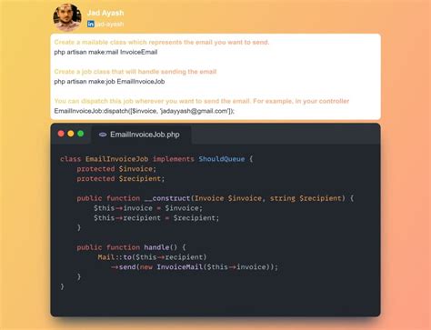jad ayash on linkedin to send an email using laravel s job queue