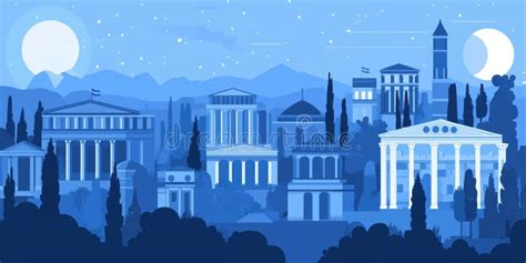 Ancient Greek Architecture Nightscape With Iconic Structures And