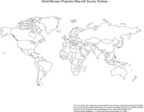 World Mercator Projection Map With Country Outlines Tereville
