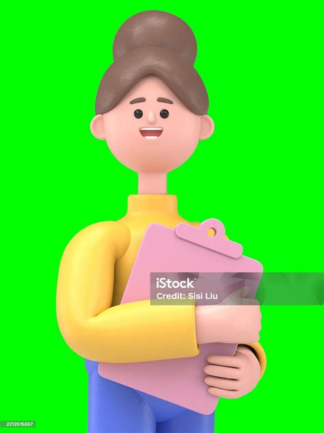 클립 보드와 상자가있는 아시아 여성 안젤라의 3d 그림 그린 스크린 Mockup3d 푸티지 및 클리핑 패스를 그린 스크린에서 렌더링합니다 가공의 인물에 대한 스톡 사진 및