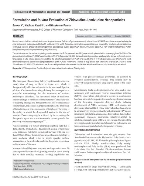 Pdf Formation And In Vitro Evaluation Of Zidovudine Lamivudine Nanoparticles