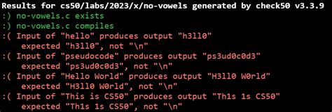 My code works but check50 says otherwise (no-vowels , n0 v0w3ls, week 2 arrays, practice problem ...