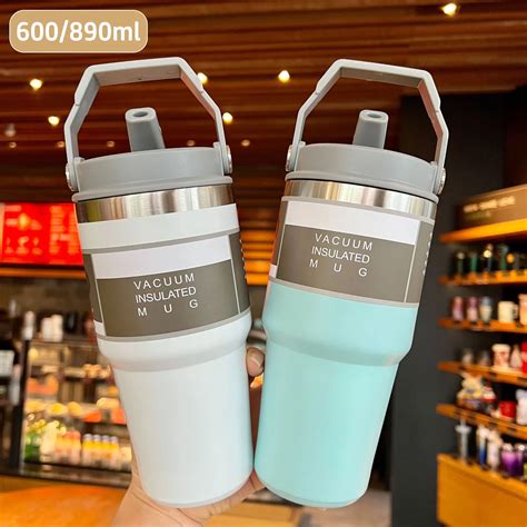 휴대용 이중 벽 진공 병 304 스테인레스 스틸 보온병 자동차 빨대 물컵 커플 커피 컵 20 Oz 30oz 600 Ml