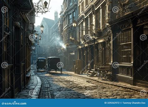Victorian Era London With Carriages And Cobbled Streets Ai Generated Stock Illustration