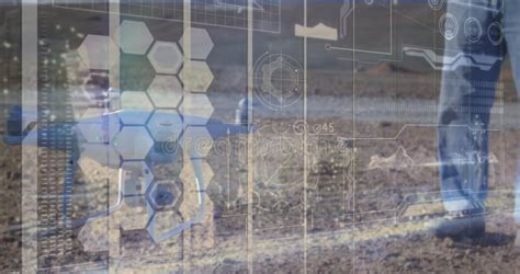 Flying Drone Over Field With Animation Of Digital Interface And Hexagonal Patterns Stock Video