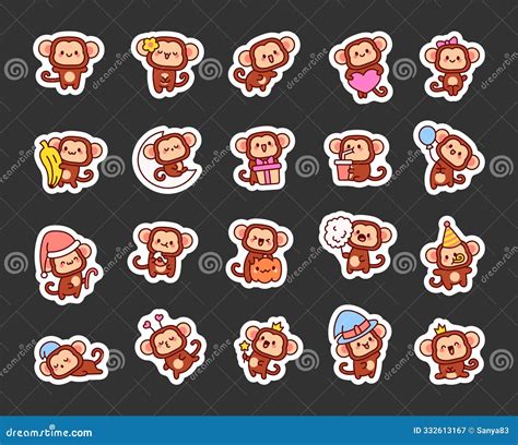 Adorable Kawaii Monkey Sticker Bookmark Stock Illustration