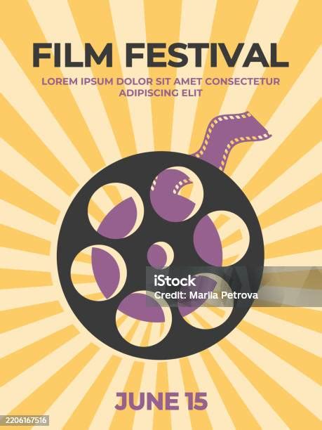 광선 배경에 물결 모양의 리본이 있는 필름 릴이 있는 복고풍 영화 축제 포스터입니다 미니멀리스트 영화 포스터 벡터 일러스트 레이 션 0명에 대한 스톡 벡터 아트 및 기타