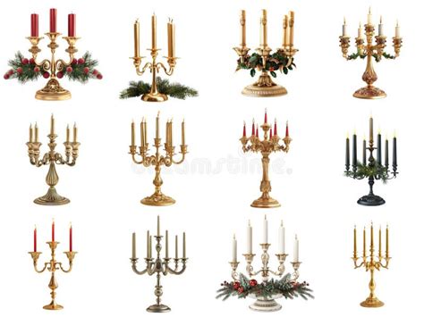 Collection Of Ornate Candle Holders With Lit Candles And Festive