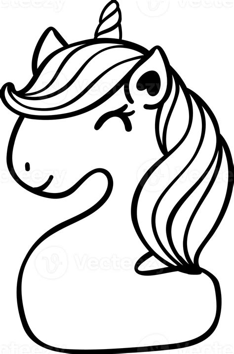 Cute Cartoon Unicorn Head With Number Two 2 Outline Hand Drawing