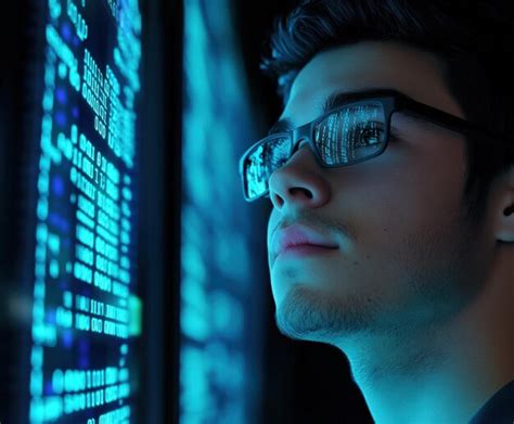 Young Man Analyzes Digital Data On Illuminated Screens At Night Premium Ai Generated Image