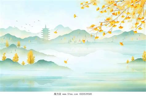 古风秋天插画手绘秋日山水画风景背景落叶枫叶立秋秋分节气图片素材 花瓣网