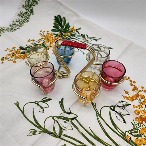 6x Shot Glasses In Holder String Era Mid Century Gold Colored Etsy Uk