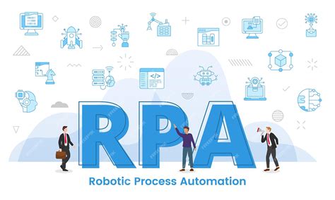 파란색 스타일의 관련 아이콘으로 둘러싸인 큰 단어와 사람들이 포함된 Rpa 로봇 프로세스 자동화 개념 프리미엄 벡터