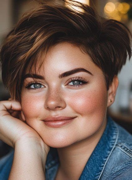 33 Flattering Short Haircuts For Chubby Women Warm Brown Voluminous Pixie With Highlights I