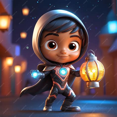 Premium Photo 3d Cartoon Arab Superhero Character And Ramadan Lantern