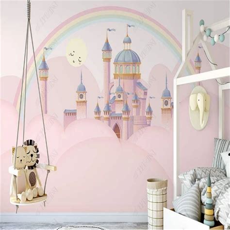 วอลเปเปอร์ติดผนัง ลายการ์ตูนปราสาทเจ้าหญิง เมฆ สีชมพู สไตล์นอร์ดิก สําหรับตกแต่งบ้าน ห้องนอนเด็ก