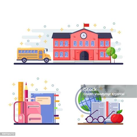 학교 벡터 평면 그림 돌아가기 학교 건물 노란 버스 문구 용품 교육 아이콘입니다 숙제에 대한 스톡 벡터 아트 및 기타 이미지