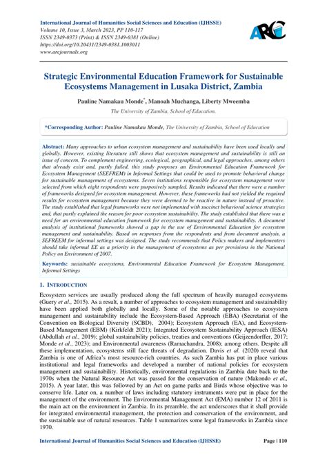 Pdf Strategic Environmental Education Framework For Sustainable Ecosystems Management In