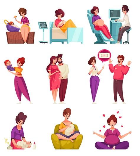 Iconos De Dibujos Animados De Embarazo Y Maternidad Con Mujer