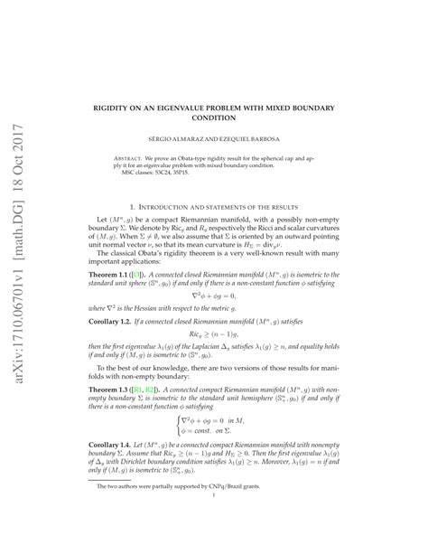 Pdf Rigidity On An Eigenvalue Problem With Mixed Boundary Condition