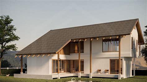 บ้านชั้นครึ่งแบบร่วมสมัย หลังคาลาดเอียง ผสมผสานวัสดุพื้นถิ่น มีแบบแปลน