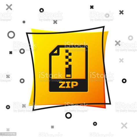 블랙 지퍼 파일 문서 아이콘입니다 흰색 배경에 고립 된 지퍼 버튼 아이콘을 다운로드 합니다 Zip 파일 기호입니다 노란색 정사각형 단추입니다 벡터 일러스트 0명에 대한 스톡