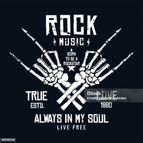 록 음악 T셔츠 디자인입니다 빈티지 락 페스티벌 포스터 디자인 T셔츠 슬로건 인쇄 뼈대와 어두운 배경에 글자의 손에 락 음악에 대한 스톡 벡터 아트 및 기타 이미지 Istock