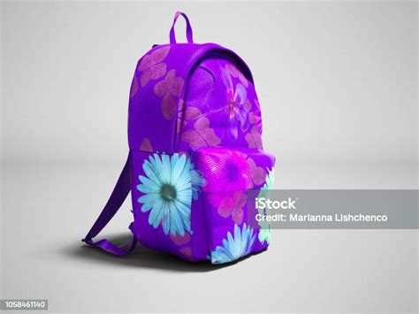 그림자와 회색 배경에 소녀와 꽃 격리 3d 렌더링으로 십 대에 대 한 학교에서 현대 보라색 배낭 0명에 대한 스톡 사진 및 기타