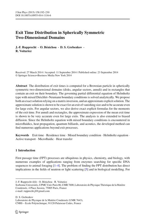Pdf Exit Time Distribution In Spherically Symmetric Two Dimensional