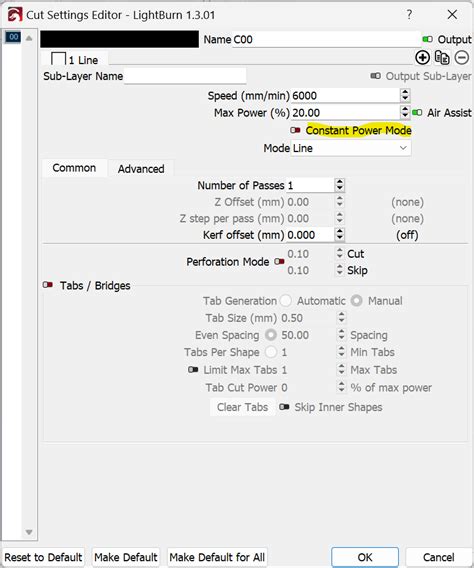 where is constant burn option in lightburn 1 3 01 version os specific