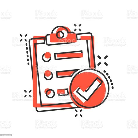 만화 스타일의 체크리스트 문서 기호 아이콘입니다 흰색 고립 된 배경에 설문 조사 벡터 만화 그림입니다 체크 마크 배너 비즈니스 개념 스플래시 효과 0명에 대한 스톡 벡터