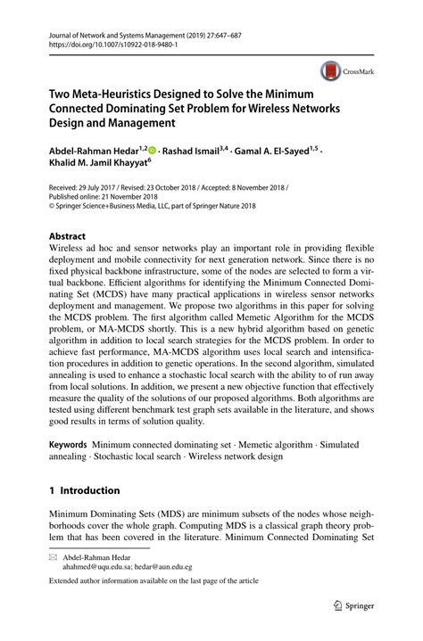 Pdf Two Meta‑heuristics Designed To Solve The Minimum Connected Dominating Set Problem For