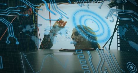 Image Of Scope Scanning And Brain Over Brain Rotating Of Diverse Data On Black Background Stock