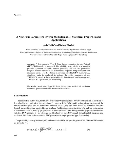 Pdf A New Four Parameter Inverse Weibull Model Statistical Properties And Applications