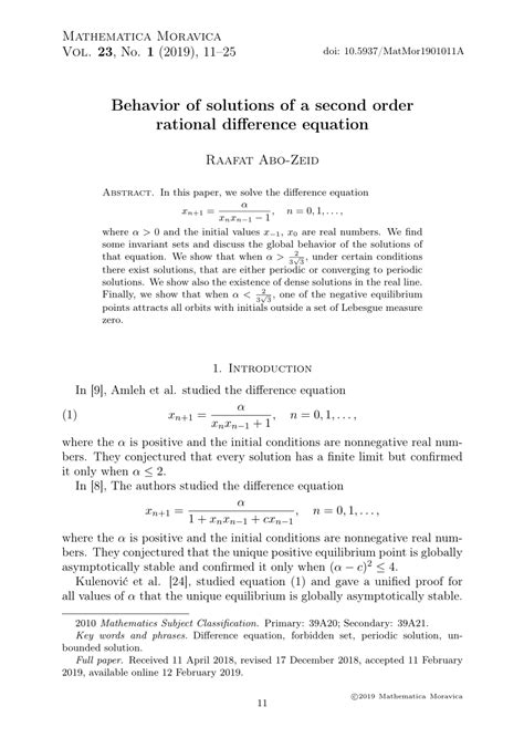 Pdf Behavior Of Solutions Of A Second Order Rational Difference Equation