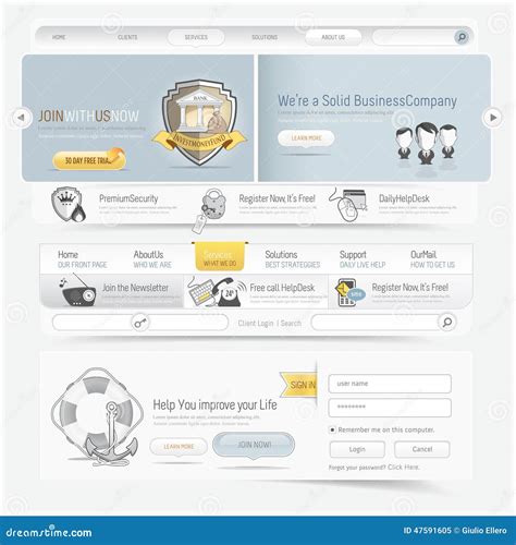 Website Design Navigation Template Elements With Icons Set Stock Vector Illustration Of Mouse