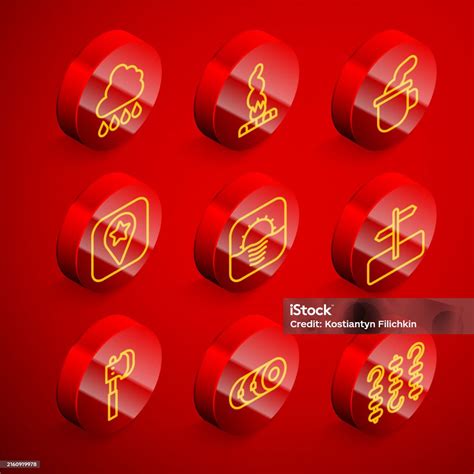 빗 모닥불 차 한 잔 캠핑 위치 일출 도로 교통 표지판 나무 도끼 및 담요 롤 아이콘을 설정합니다 벡터 3차원 형태에 대한 스톡 벡터 아트 및 기타 이미지 Istock