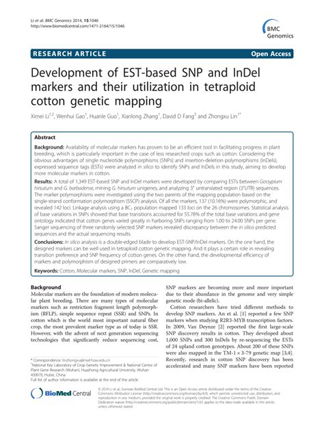 Pdf Development Of Est Based Snp And Indel Markers And Their Utilization In Tetraploid Cotton