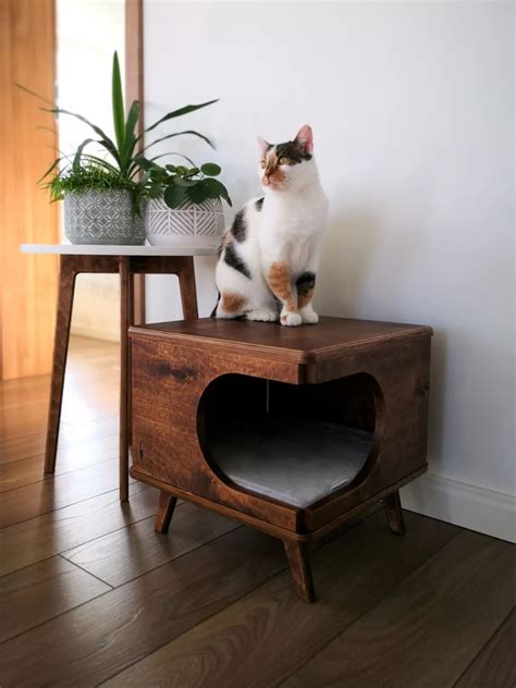 Stylish Plywood Cat House Cozy Cat Bed Rustical Box Dark Oak Etsy