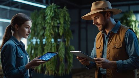 Futuristic Farmers Using Holographic Interfaces For Farm Management Premium Ai Generated Image