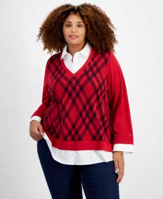Tommy Hilfiger Plus Size Plaid Layered Look Cotton Sweater Macys