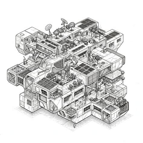 Intricate Architectural Sketch Showing A Futuristic Modular Building