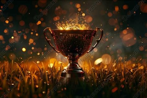 Golden Trophy Standing On Grass With Sparkles Celebrating Vi