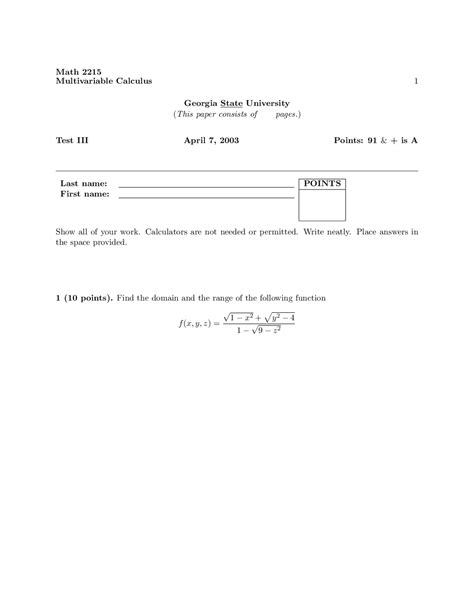 Exam Iii For Multivariate Calculus Math 2215 Docsity