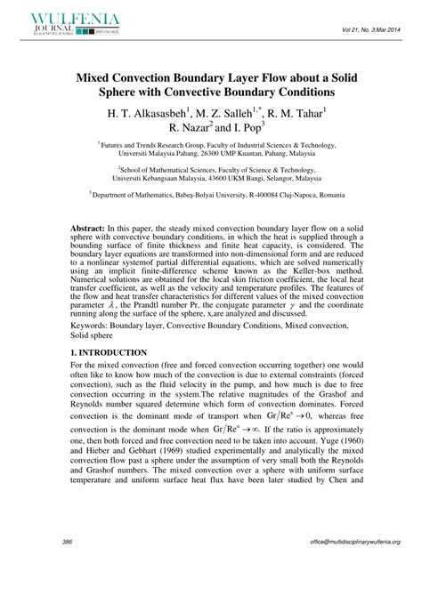 Pdf Mixed Convection Boundary Layer Flow About A Solid Sphere With